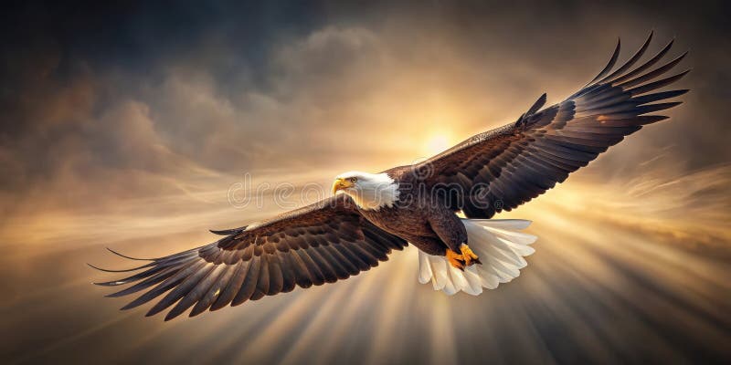 Majestic Bald Eagle in Flight, Soaring through Golden Sunlight Rays ...