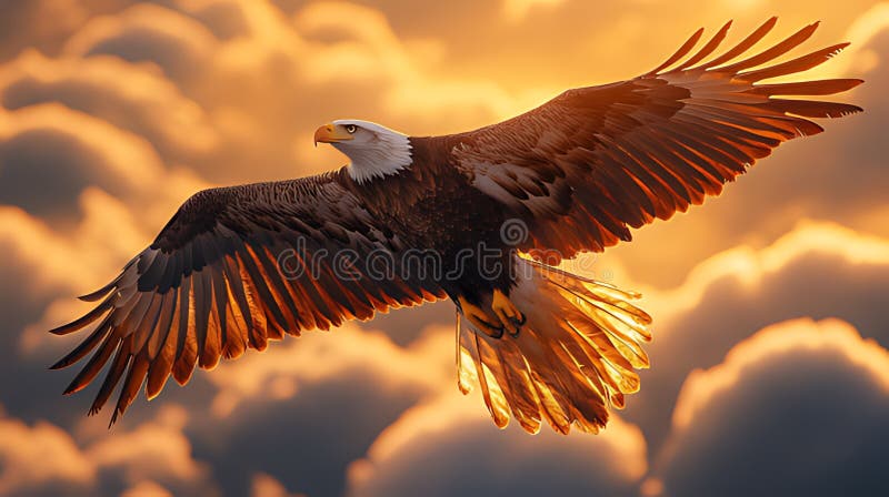 Majestic Bald Eagle in Flight at Sunset, Wings Outstretched Against ...