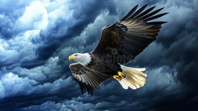 Majestic Bald Eagle Flying through Dramatic Stormy Sky Stock ...