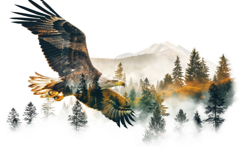 Majestic Bald Eagle Flying Over Misty Mountain Forest Stock Photo ...