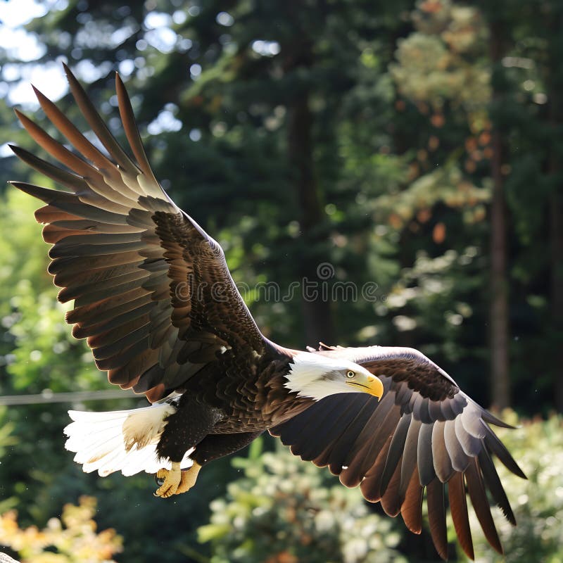 Majestic Bald Eagle Flying with Spread Wings in Forest Stock Photo ...
