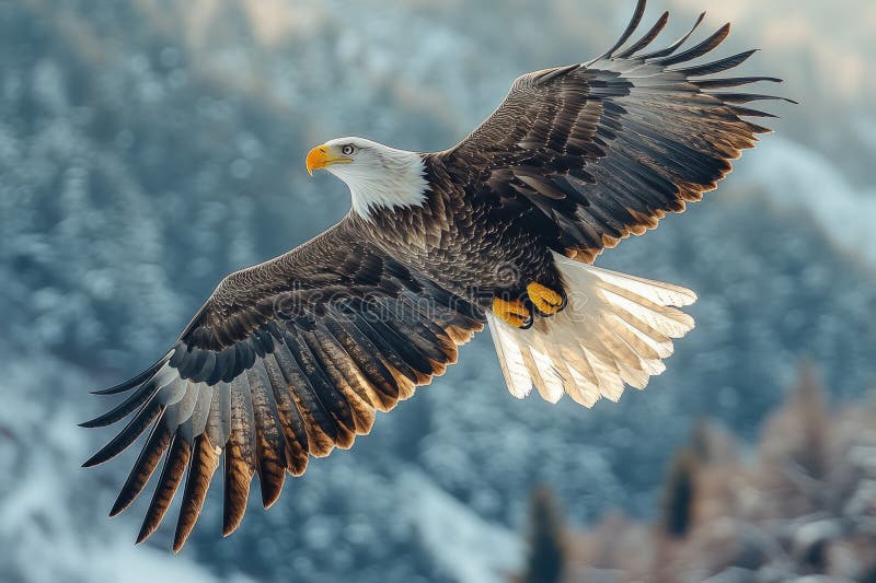 A Majestic Bald Eagle in Mid-flight, Its Powerful Wings Spread Wide Against a Backdrop Stock ...