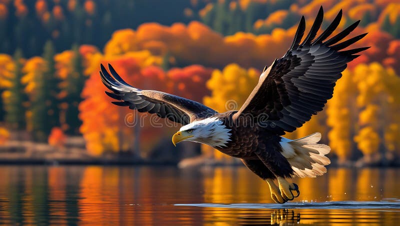Majestic Bald Eagle in Mid Flight Soaring Over Autumnal Lake Stock Illustration - Illustration ...