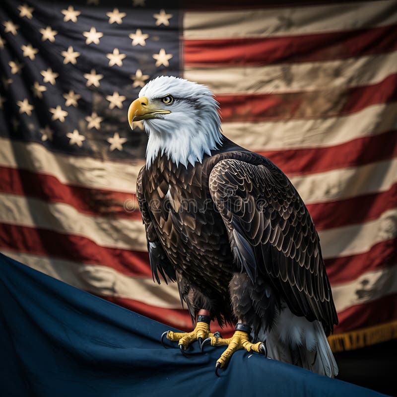 Majestic Bald Eagle Perched with American Flag Background Patriotic Stock Illustration ...