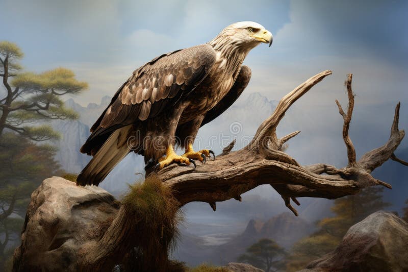 A Majestic Bald Eagle Perched on a Lifeless Tree Branch Against a Blue ...