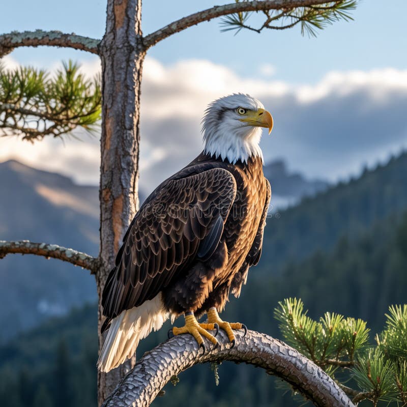 Majestic Bald Eagle Perched Mountain Branch Scenic Landscape Background ...