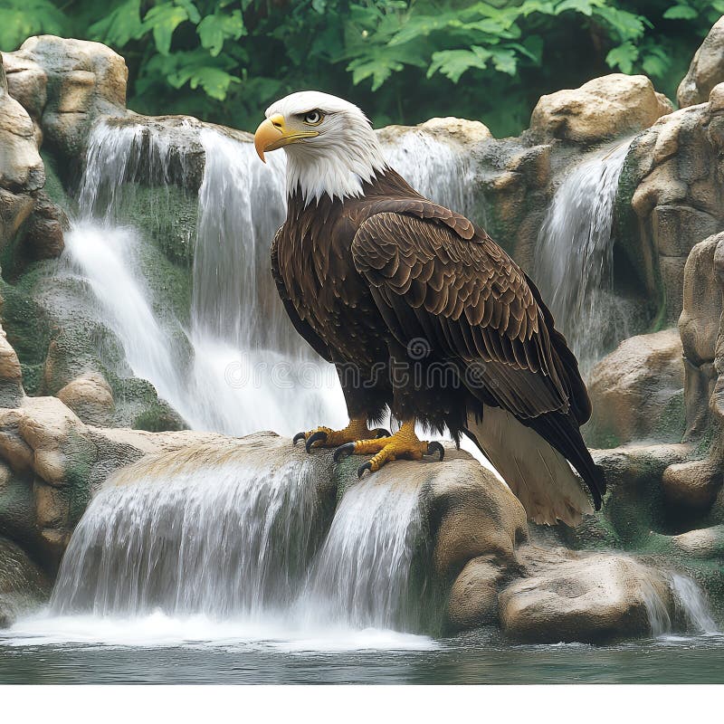 Majestic Bald Eagle Perched on Rocks beside a Cascading Waterfall Stock ...