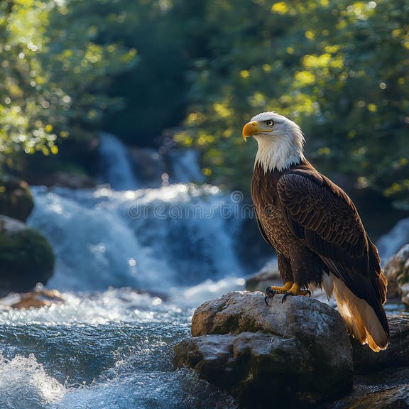 Majestic Bald Eagle Perched on Rocks by a Waterfall in a Lush Forest ...