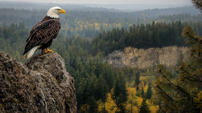 Majestic Bald Eagle Perched on a Rocky Cliff Overlooking a Vast Forest ...