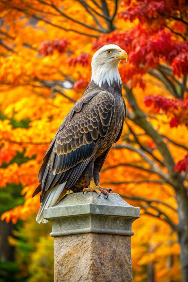 Majestic Bald Eagle Perched on a Stone Monument with Vibrant Fall ...