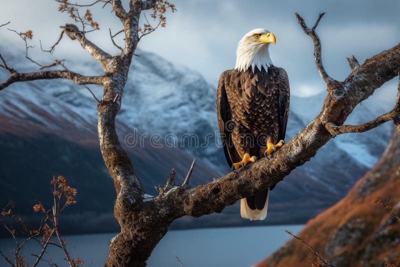 Majestic Bald Eagle Perched on Tree Branch with Mountain Range in ...