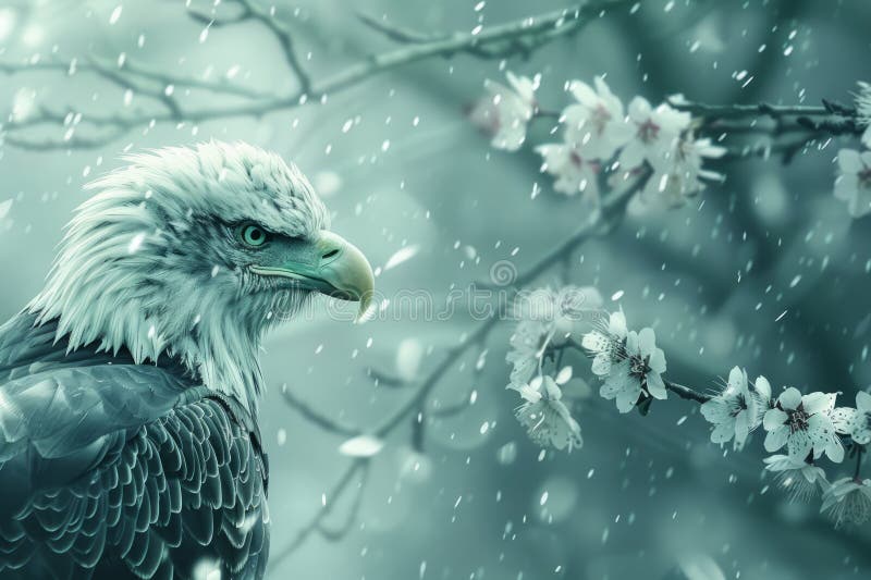 Majestic Bald Eagle during Winter Snowfall with Cherry Blossoms in ...