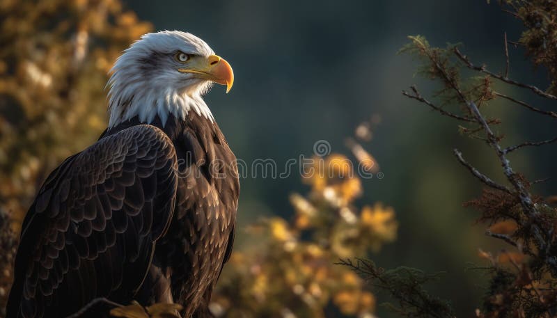 Majestic Bald Eagle Perching on Branch, Focus on Foreground Generated ...