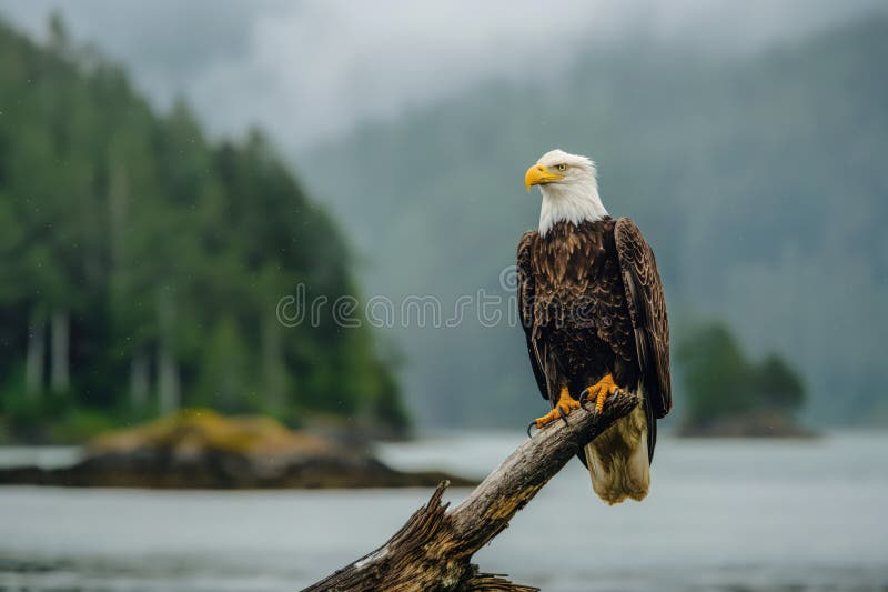Majestic Bald Eagle Perching on Branch Overlooking Water Stock Photo ...