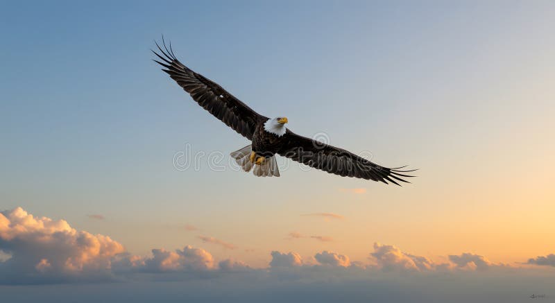 Majestic Bald Eagle Soaring Above Cloudscape at Sunset, Wings Fully ...
