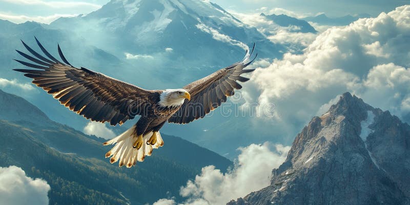 Majestic Bald Eagle Soaring Above Dramatic Mountain Peaks and Clouds ...