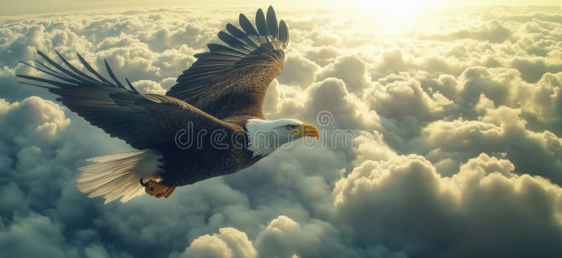 Majestic Bald Eagle Soaring Above Fluffy Clouds during Golden Hour, Copy Space for Text Stock ...