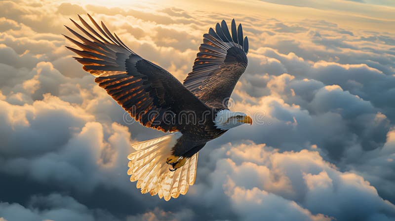 Majestic Bald Eagle Soaring Above Fluffy Clouds at Sunset Stock Illustration - Illustration of ...