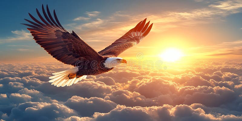 Majestic Bald Eagle Soaring Above Golden Sunset Cloudscape Stock Illustration - Illustration of ...