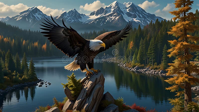 Majestic Bald Eagle Soaring Above a Mountain Lake Stock Illustration - Illustration of american ...
