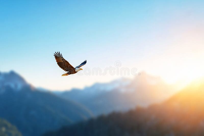 Majestic Bald Eagle Soaring Above Mountain Peaks at Sunrise Stock ...