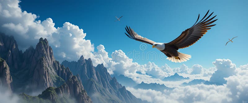 Majestic Bald Eagle Soaring Above Mountain Range Cloudscape Stock ...