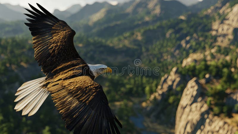 Majestic Bald Eagle Soaring Above a Mountain Range with Sharp Eyes on ...