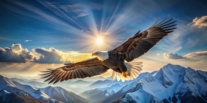 Majestic Bald Eagle Soaring Above a Snow-capped Mountain Range at ...