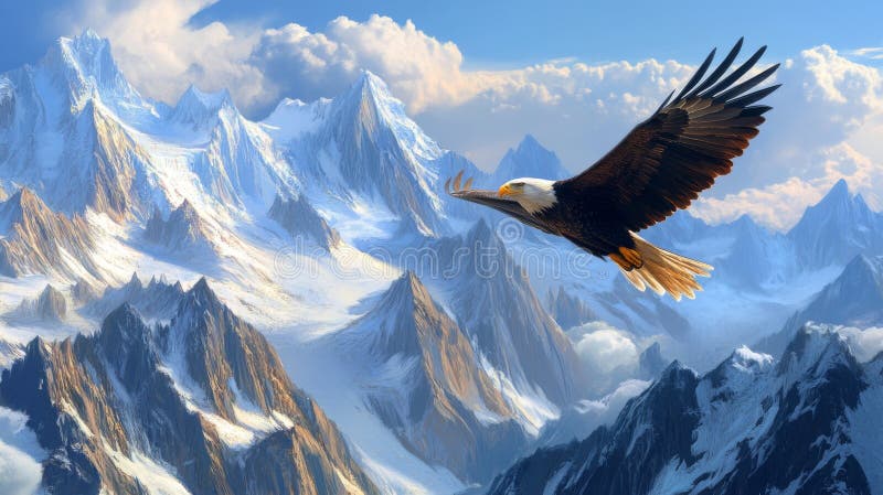 Majestic Bald Eagle Soaring Above Snowy Mountain Peaks Stock ...