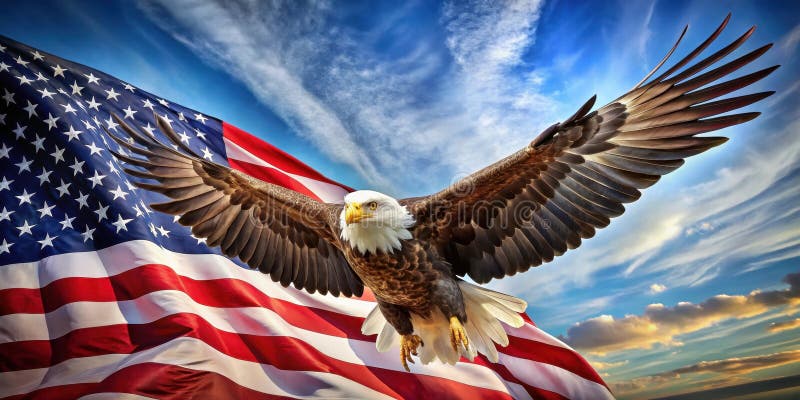 Majestic Bald Eagle Soaring Against a Vibrant American Flag Under a ...