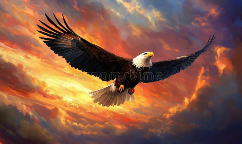Majestic Bald Eagle Soaring Against Vibrant Sunset Sky with Dramatic ...