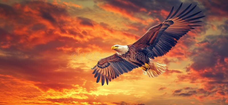 Majestic Bald Eagle Soaring Against Vibrant Sunset Sky with Dramatic Clouds, Copy Space for Text ...
