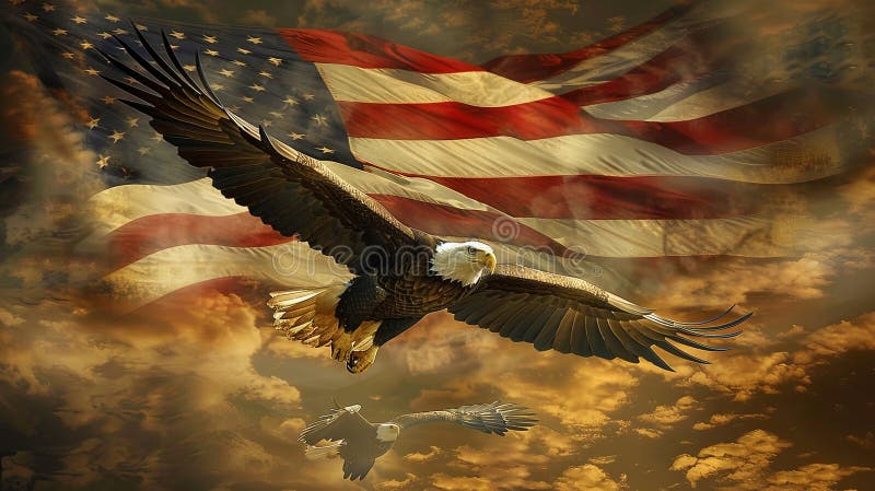 Majestic Bald Eagle Soaring Alongside an American Flag Waving in the ...
