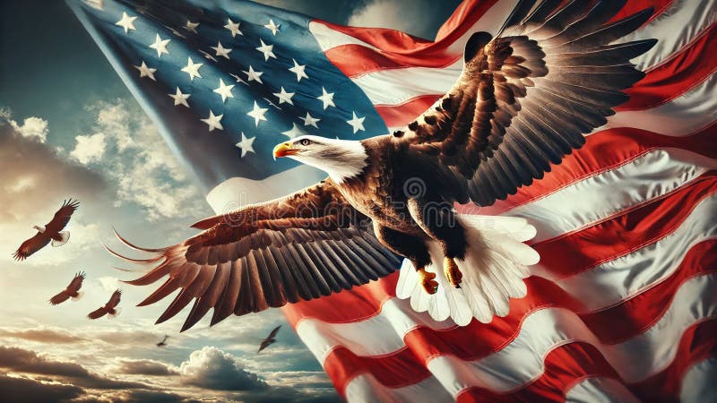 Majestic Bald Eagle Soaring with American Flag Backdrop Stock ...