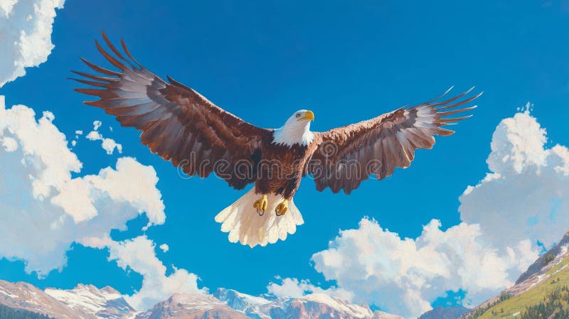 Majestic Bald Eagle Soaring in Blue Sky Over Mountains and Clouds Stock Image - Image of open ...