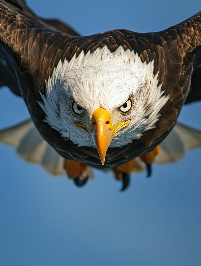 A Majestic Bald Eagle Soaring through a Bright Blue Sky, with No ...