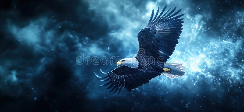 Majestic Bald Eagle Soaring through Cosmic Blue Background with ...
