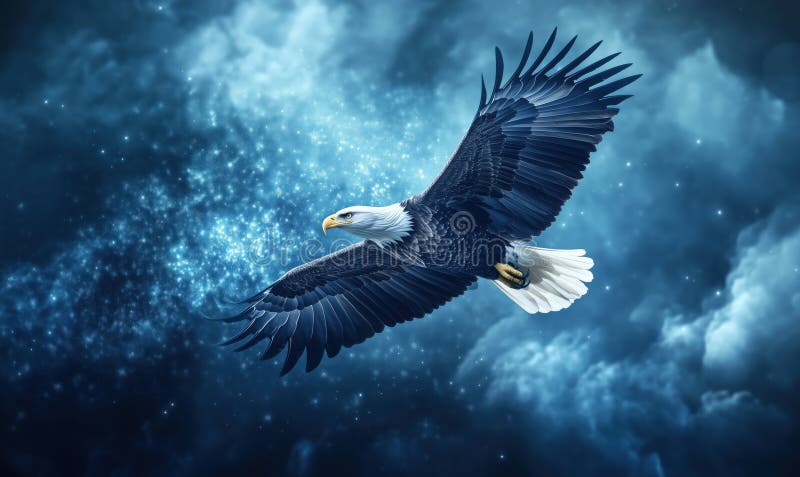 Majestic Bald Eagle Soaring through Cosmic Sky with Starry Background ...