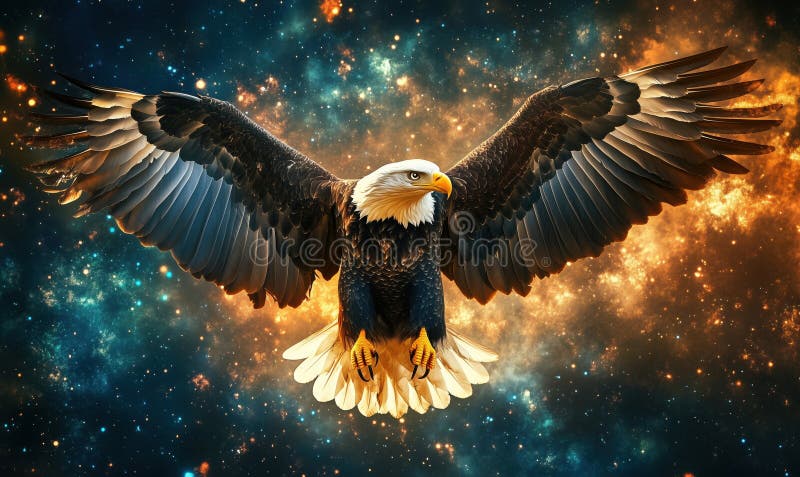 Majestic Bald Eagle Soaring through Cosmic Space with Vibrant Galaxy ...