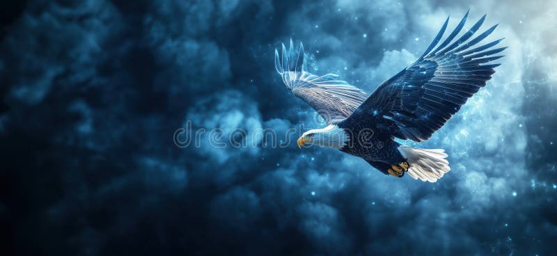 Majestic Bald Eagle Soaring through Dramatic Blue Clouds with Powerful ...
