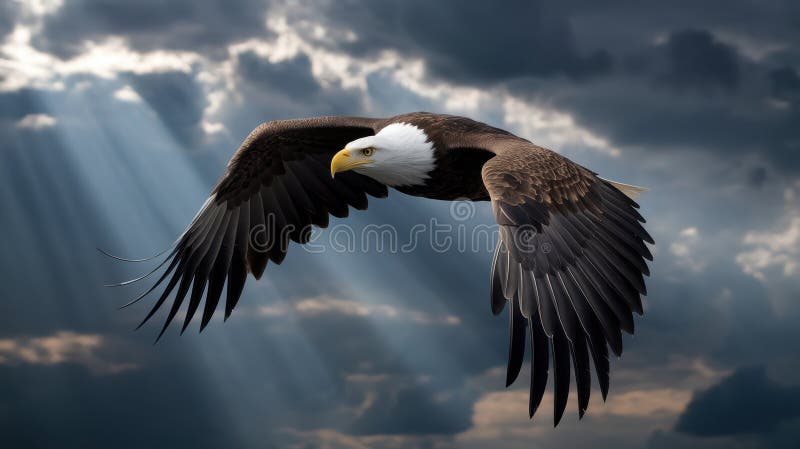 Majestic Bald Eagle Soaring through Dramatic Skies with Sunlight Beams ...
