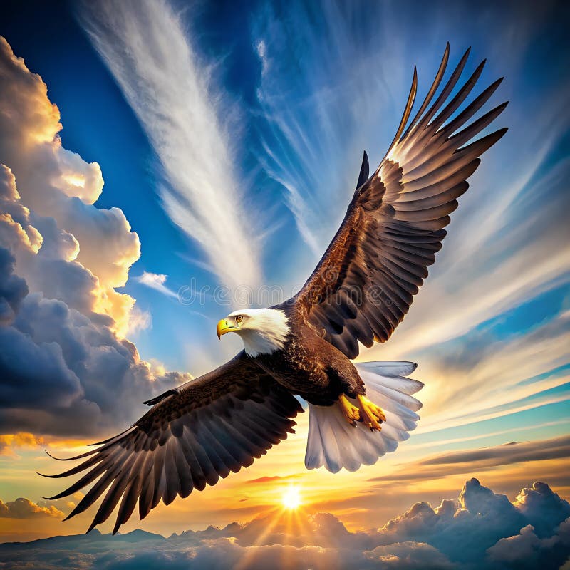 Majestic Bald Eagle Soaring through Dramatic Sky at Sunset Stock Photo - Image of inspiration ...