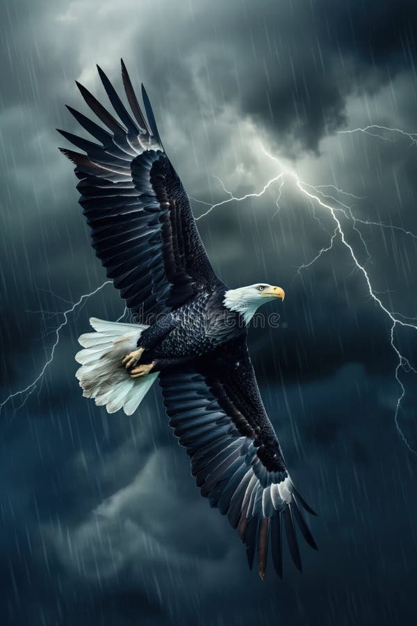 Majestic Bald Eagle Soaring through Dramatic Storm Clouds Stock Photo ...