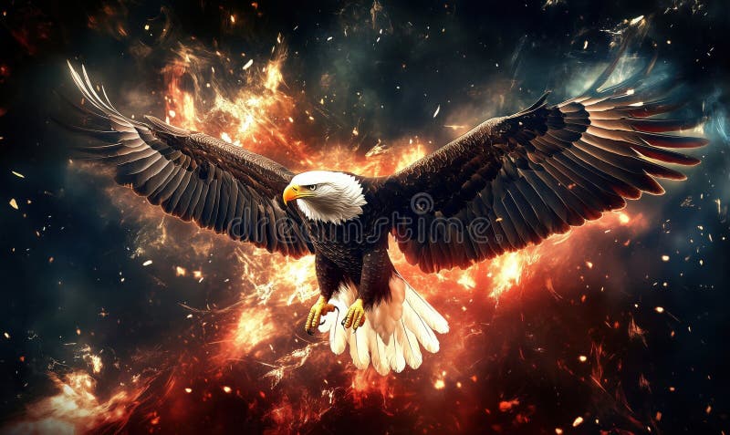 Majestic Bald Eagle Soaring through Fiery Cosmic Background with ...