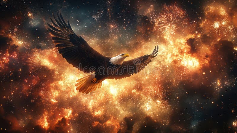Majestic Bald Eagle Soaring through Fiery Cosmic Explosion Stock ...