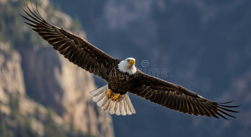 Majestic Bald Eagle Soaring Flight - Rocky Cliff, Blue Sky Background ...