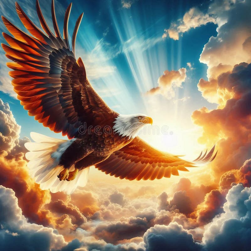 A Majestic Bald Eagle Soaring through Fluffy Clouds with Rays of Light ...