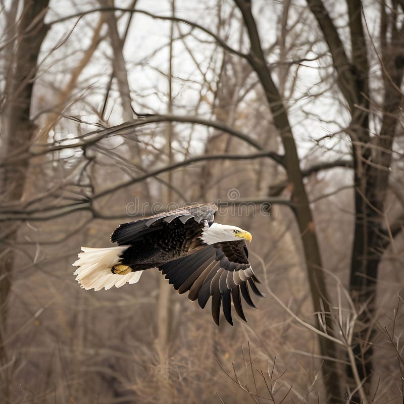 Majestic Bald Eagle Soaring through a Forest of Bare Trees Stock Image - Image of avian, eagle ...