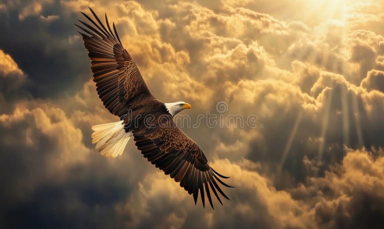 Majestic Bald Eagle Soaring through Golden Clouds at Sunset Stock Photo ...