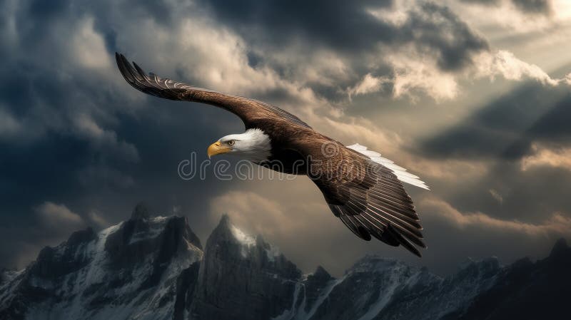 Majestic Bald Eagle Soaring Gracefully Over Rugged Mountains at Sunset ...